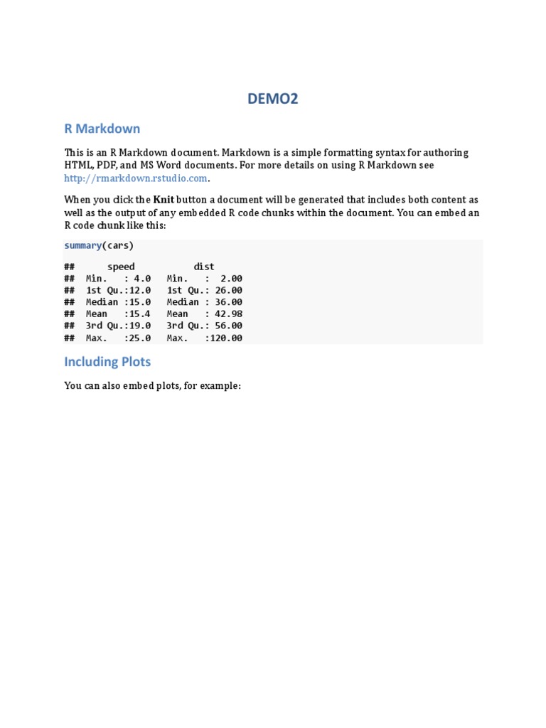 An Introduction to R Markdown: Using R Code Chunks to Generate Output and Embed Plots | PDF