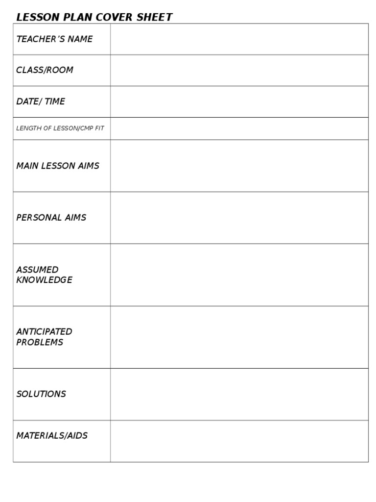 Lesson Plan Cover Sheet: Teacher'S Name | PDF | Learning | Behavior ...