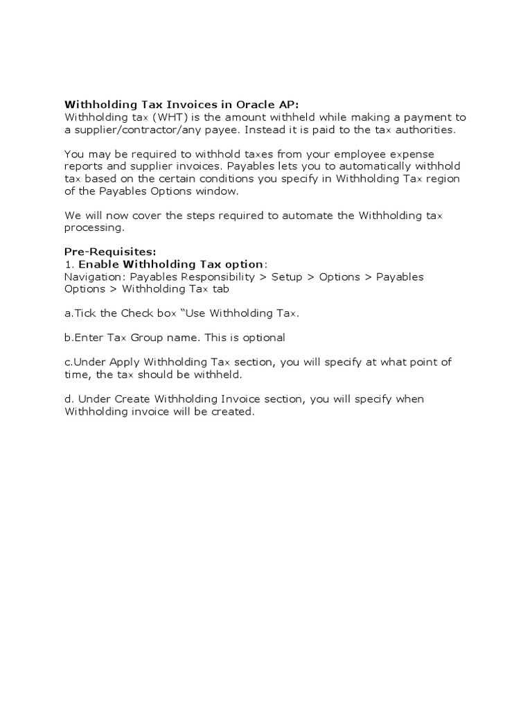 Oracle AP: Automate Withholding Tax | PDF | Withholding Tax | Accounts ...