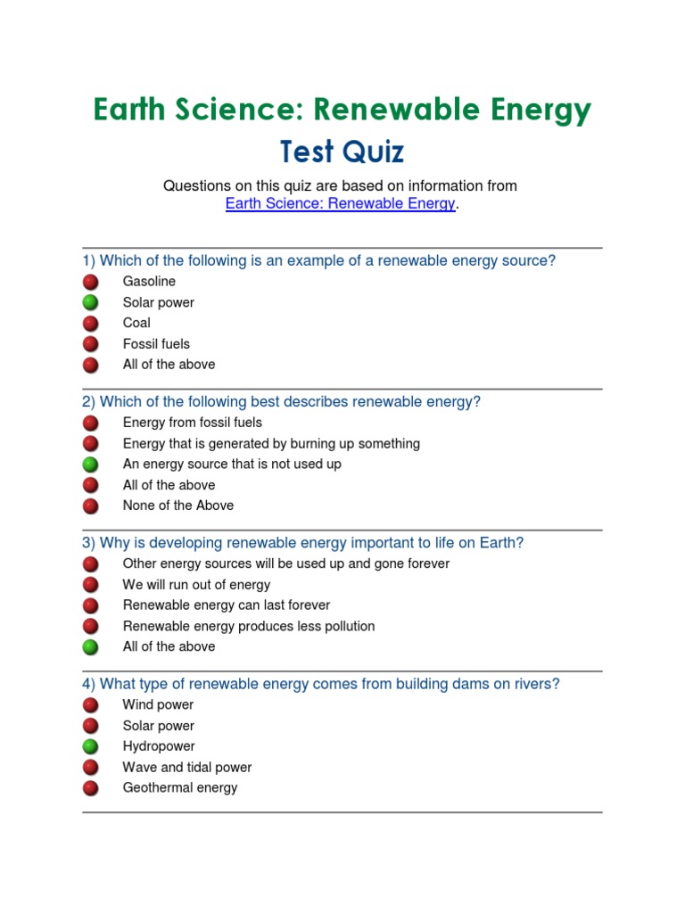 Quiz - Renewable Energy | PDF