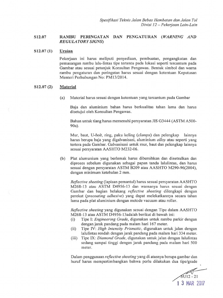 Spek Teknis JBH & JT - E.2017 - Rambu | PDF