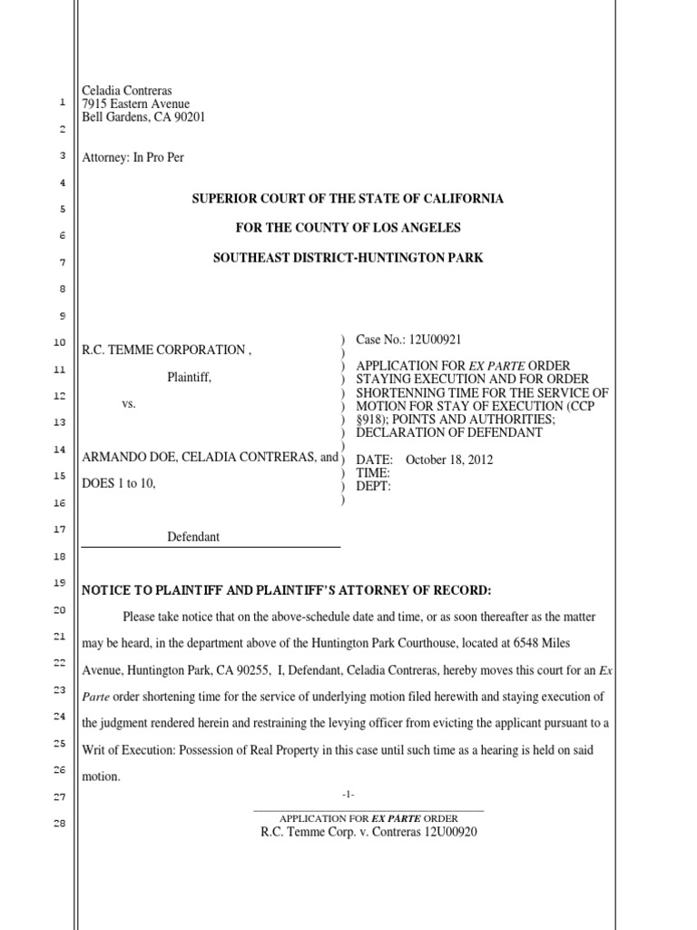 Ex Parte Order Application: Stay of Execution | PDF | Eviction | Pro Se ...