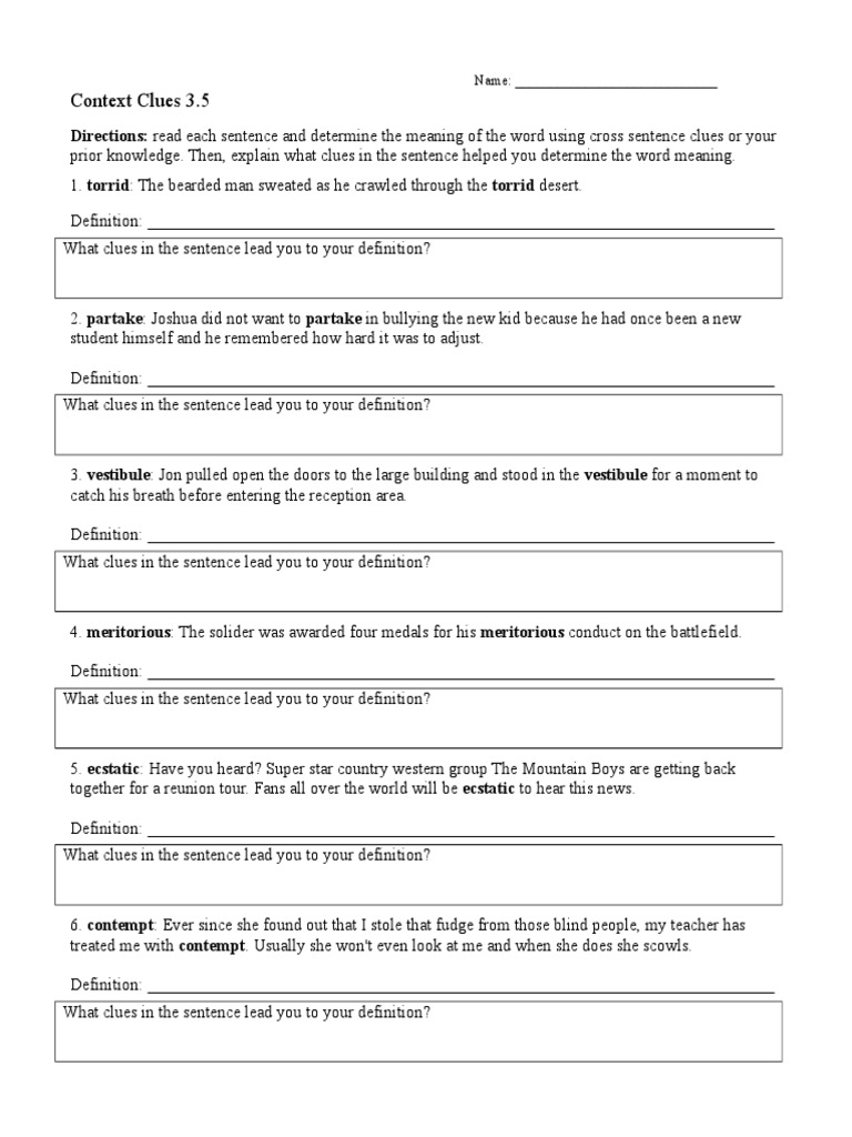 Context Clues Worksheet 3 5 | PDF