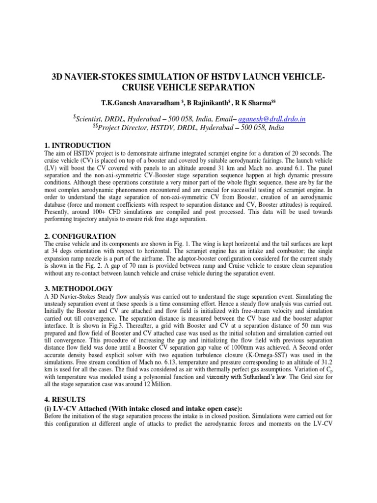 3d Navier-Stokes Simulation of HSTDV Launch Vehicle-Cruise Vehicle ...