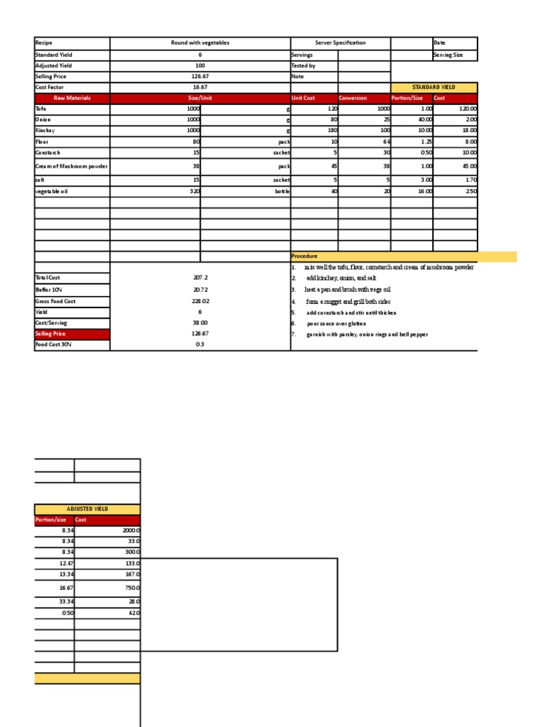 Raw Materials Size/Unit Unit Cost Conversion Portion/Size Cost | PDF ...