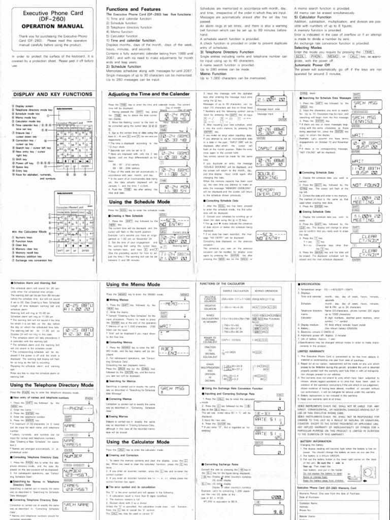 Seiko Executive Phone Card DF-260 Operation Manual (1991) | PDF ...