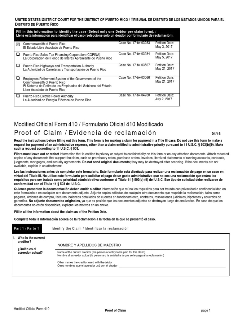 Puerto Rico Proof of Claim Form 410 | PDF | Legal Concepts | Corporate Law