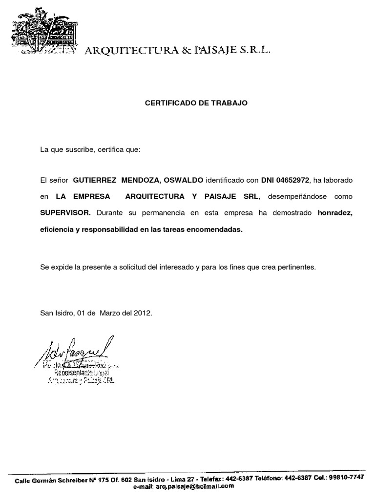 ejemplo de certificado de trabajo