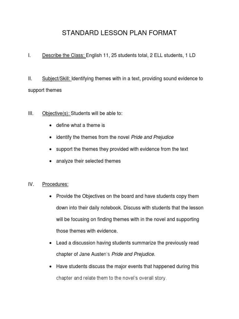 Standard Lesson Plan Format: Pride and Prejudice | PDF | Pride And ...