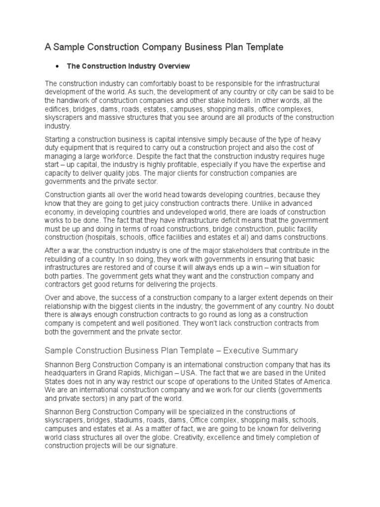 A Sample Construction Company Business Plan Templat1 | PDF | Architect ...