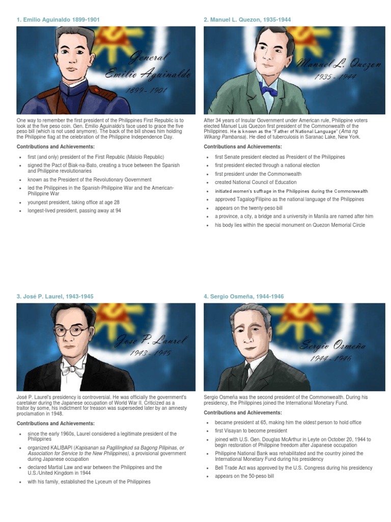 Emilio Aguinaldo 1899-1901 2. Manuel L. Quezon, 1935-1944 | PDF ...
