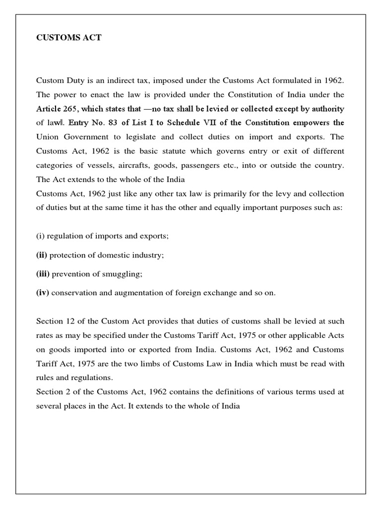Customs Act | PDF | Customs | Tariff
