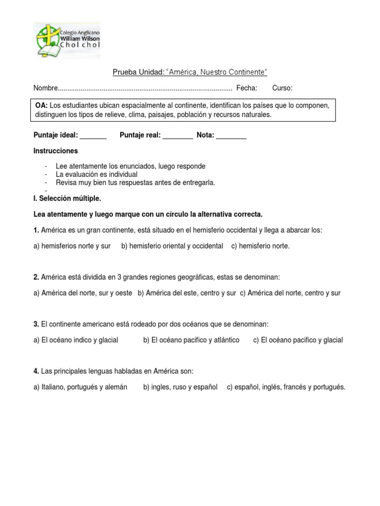 Prueba sobre Paisajes de América 4° Básico | PDF | Américas | Océanos