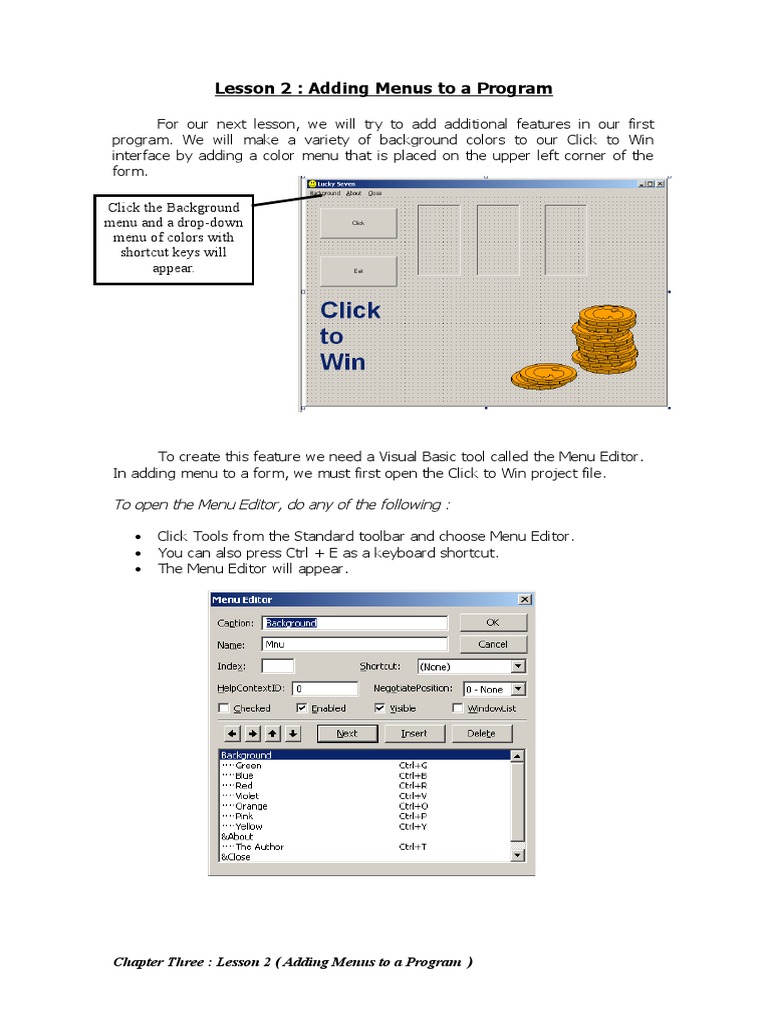 Chapter Three Lesson 2 Adding Menus To A Program Pdf Menu Computing Software Development 