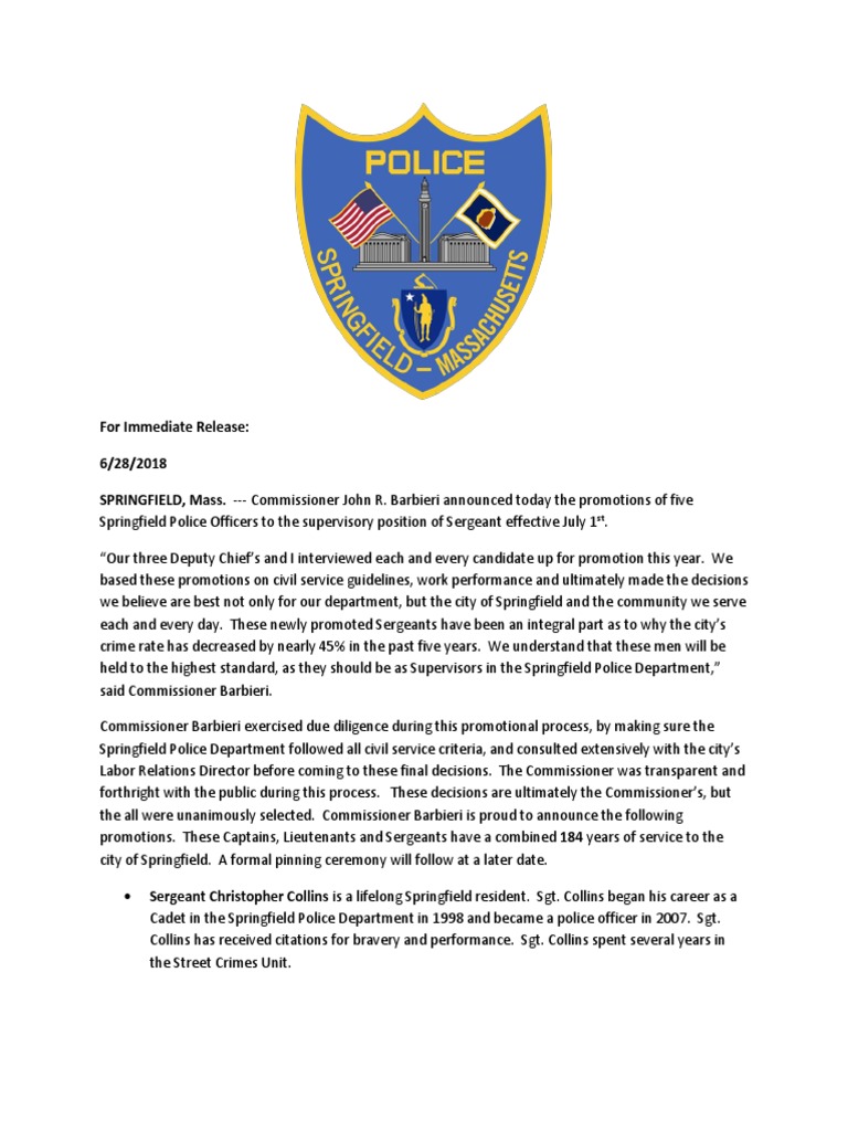 Springfield Police Sergeant Promotions | PDF | Sergeant | Lieutenant