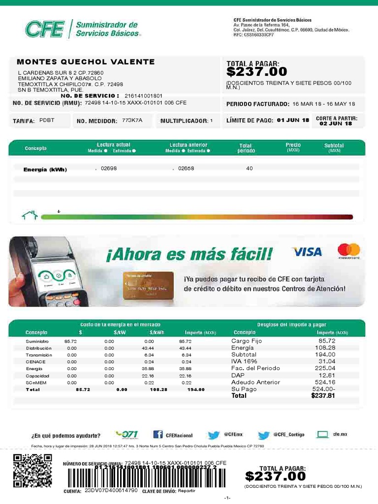 Ejemplo de Recibo de Luz CFE | PDF | Electromagnetismo | Electricidad