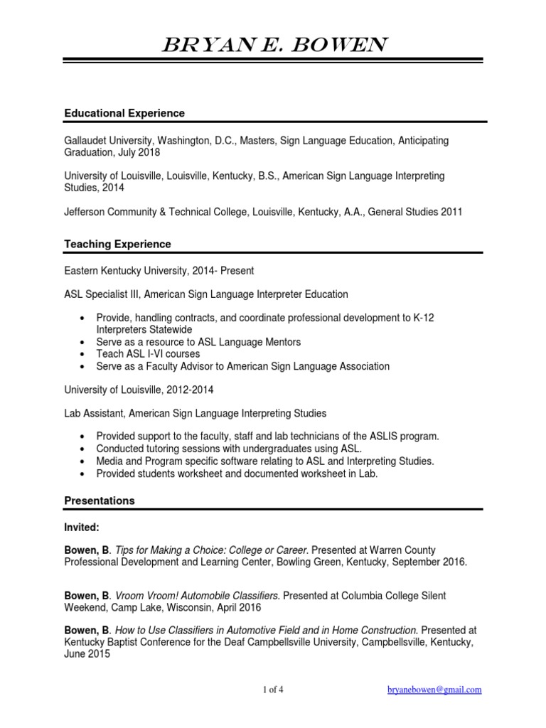 Bowen CV 2017 Editable | PDF | American Sign Language | Language ...