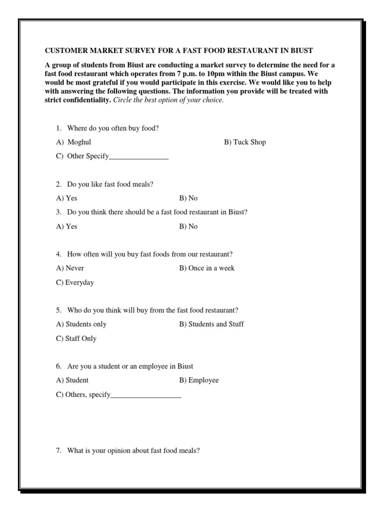 Questionnaire | PDF | Fast Food | Fast Food Restaurants