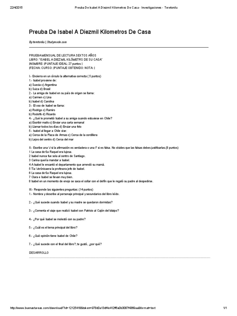 Prueba de Isabel A Diezmil Kilometros de Casa | PDF | Ocio