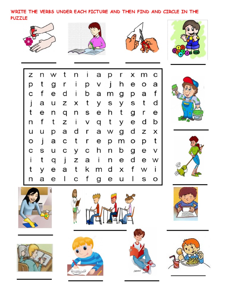 Write The Verbs Under Each Picture and Then Find and Circle in The ...