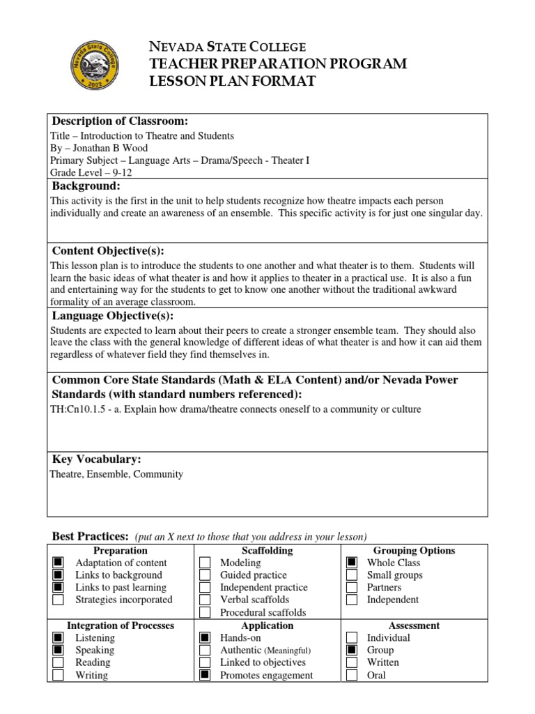 Introductory Theatre Lesson Plan | PDF | Lesson Plan | Common Core ...