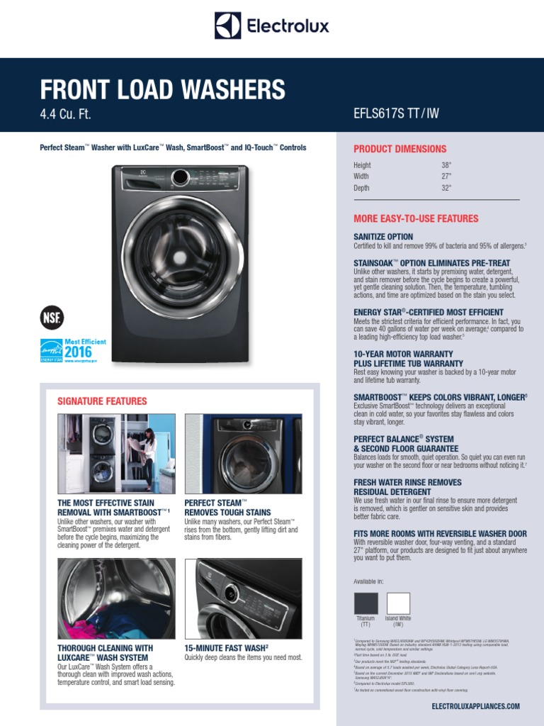 Electrolux Front Load EFLS617S TT / IW Washer Specification Sheet | PDF ...