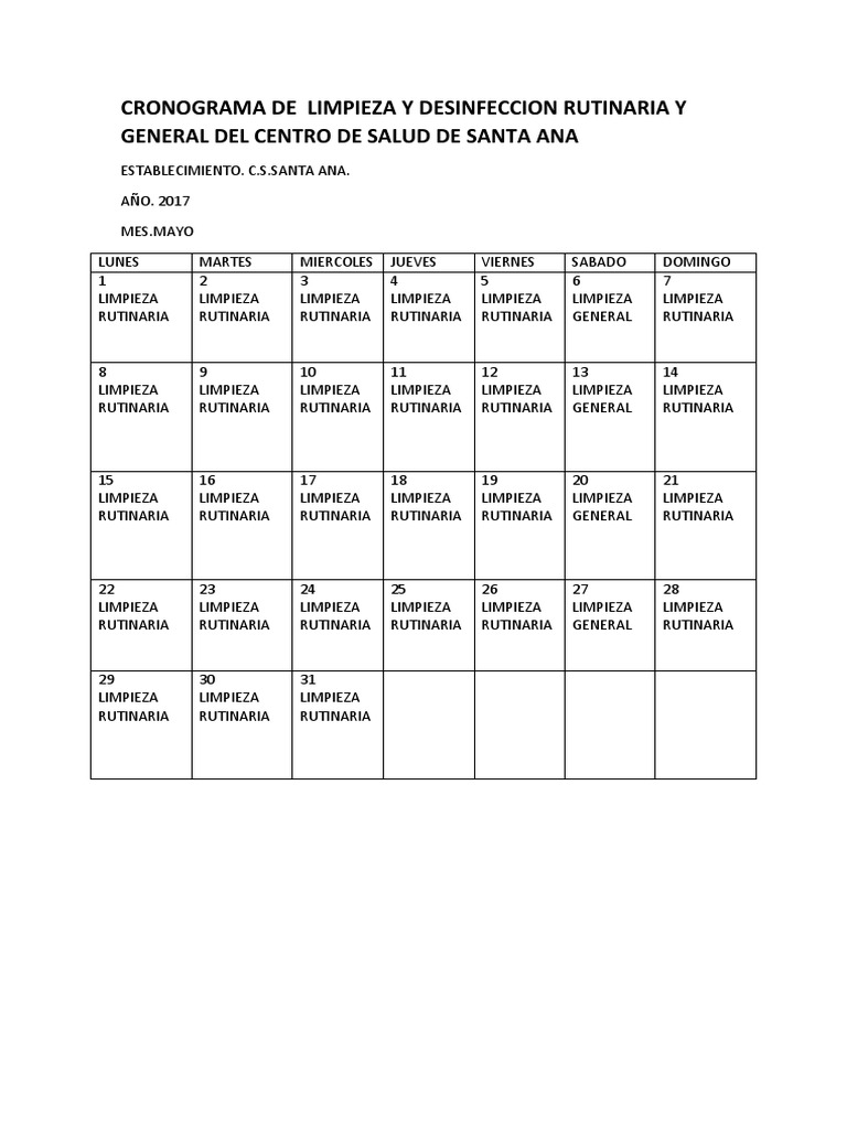 Cronograma de Actividades Para Limpieza Rutinaria y General | Clima