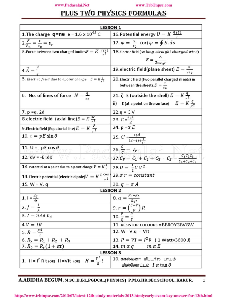 1032 12 Physics em Formulas PDF | PDF
