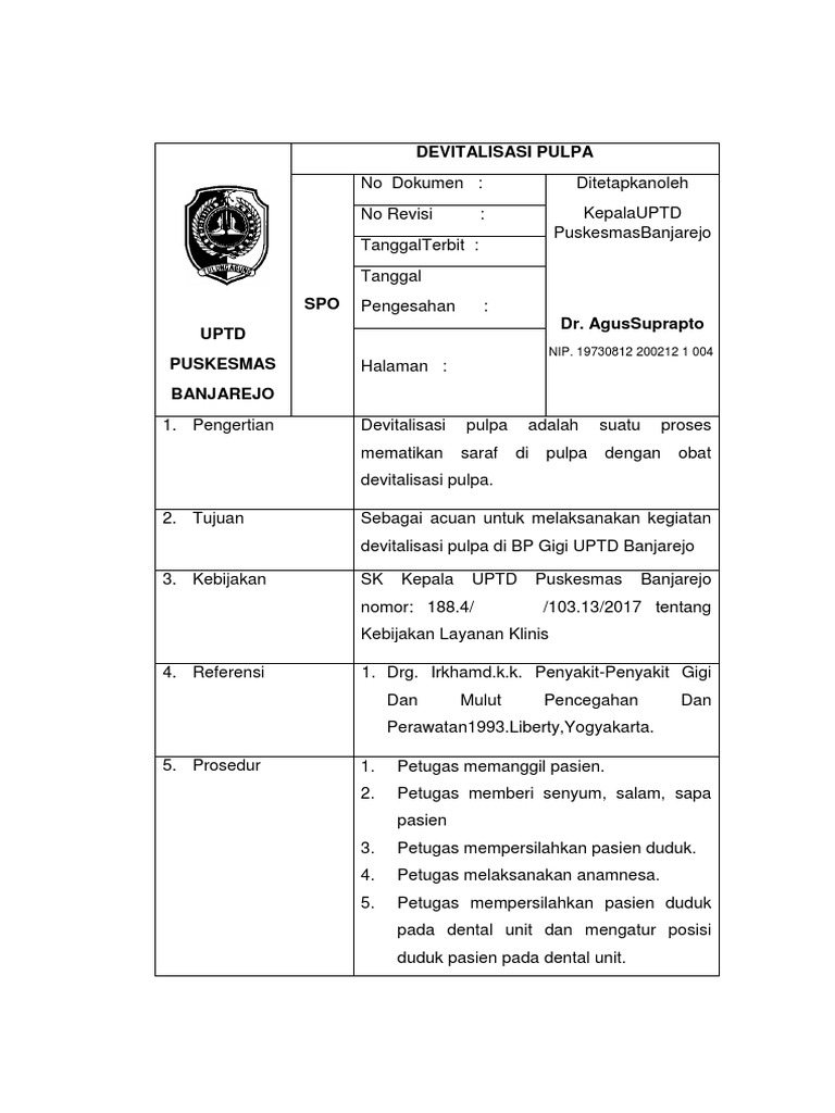 Sop Devitalisasi Pulpa | PDF