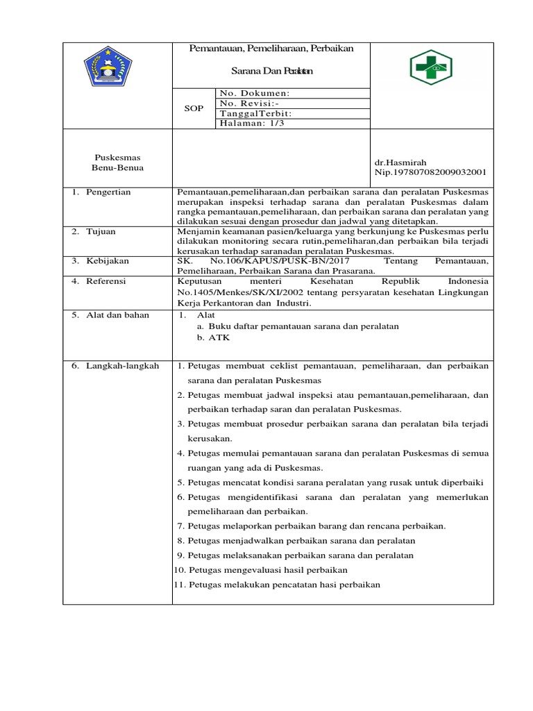Contoh Sop Pemantauan Pemeliharaan Perbaikan Sarana Peralatan | PDF