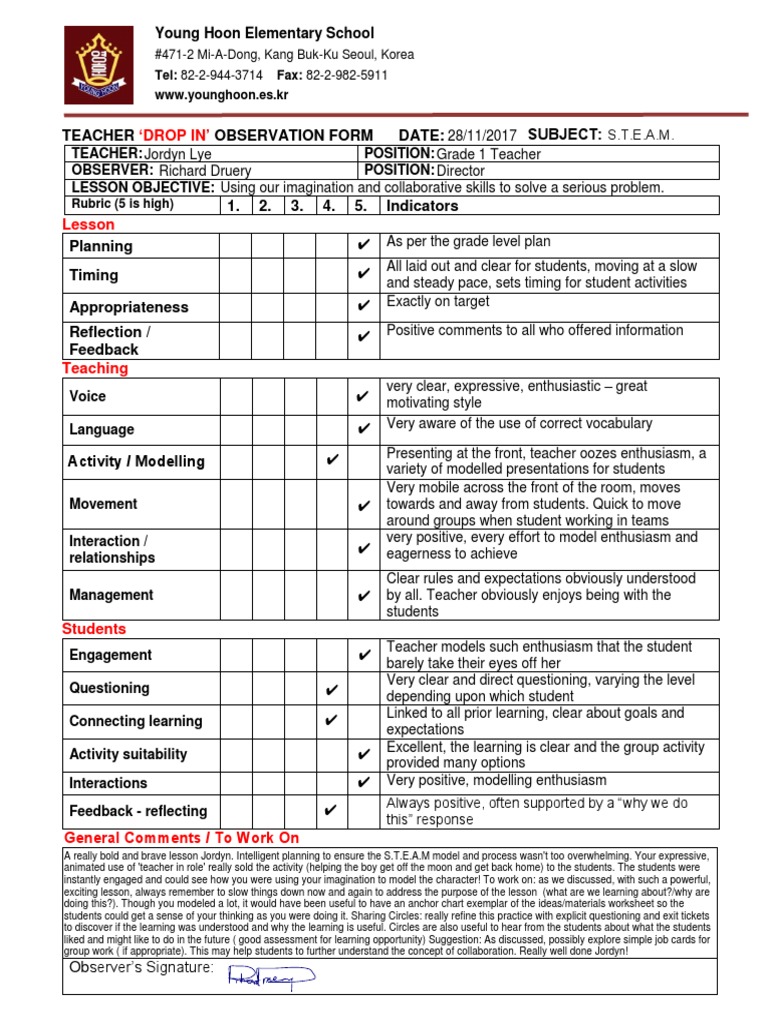 Teacher Observation Feedback Form | PDF | Teachers | Learning