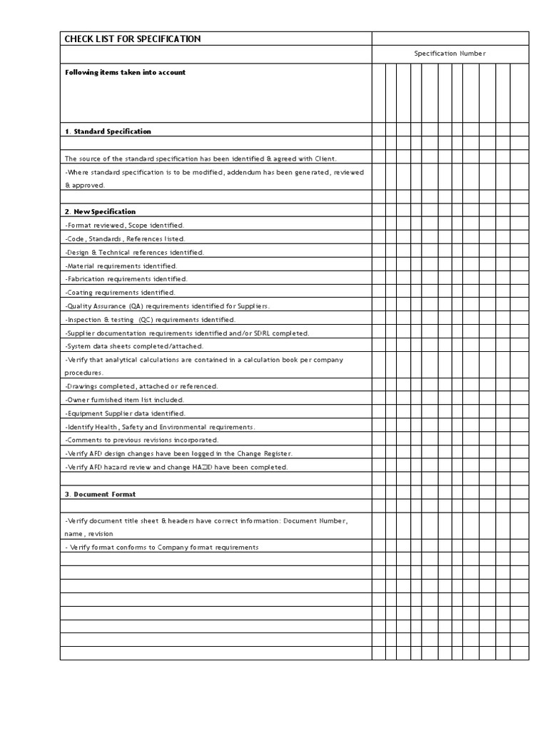 Check List For Specification: Following Items Taken Into Account | PDF
