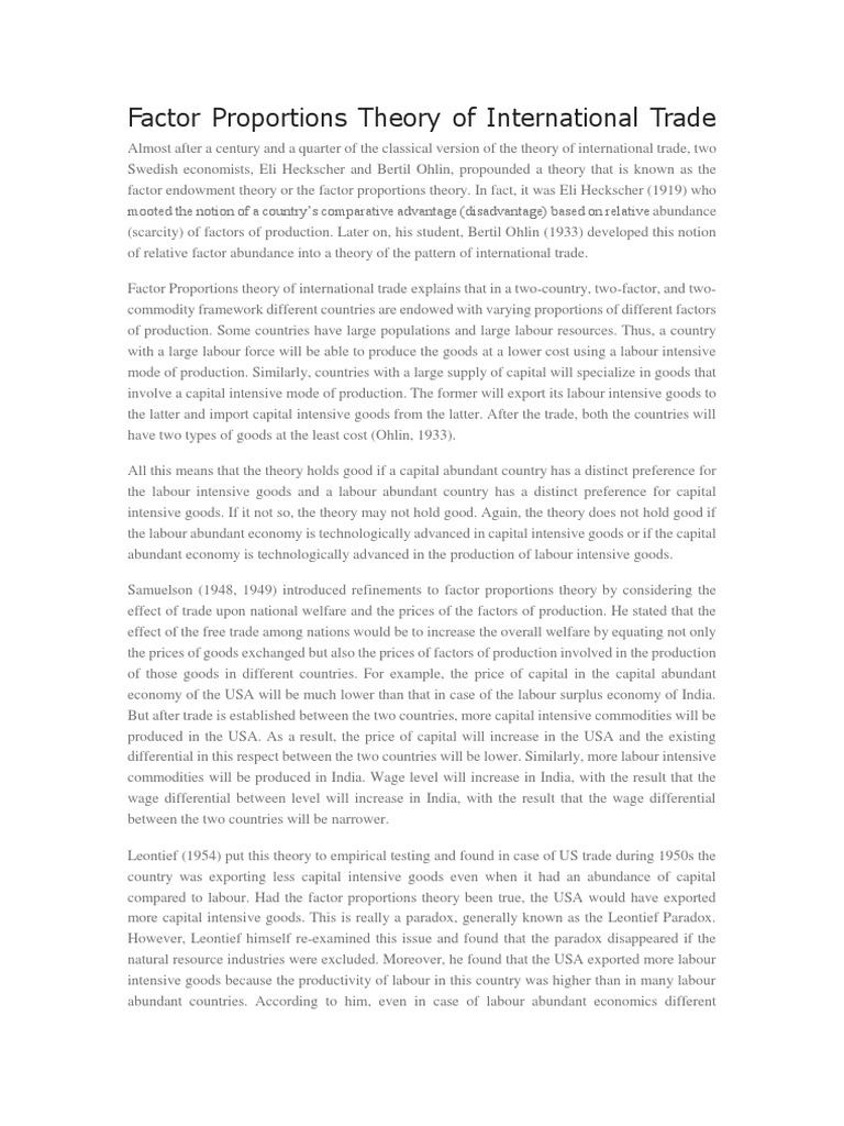 Factor Proportions Theory of International Trade | PDF | Labour ...