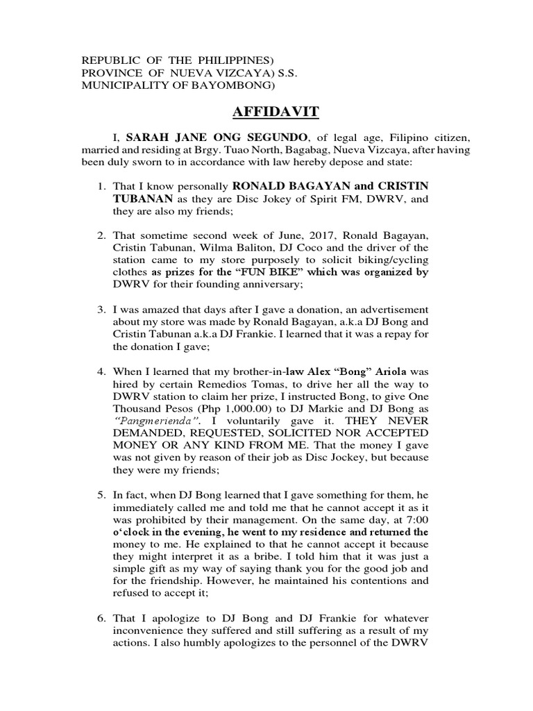Affidavit defending DJs from bribery accusations | PDF