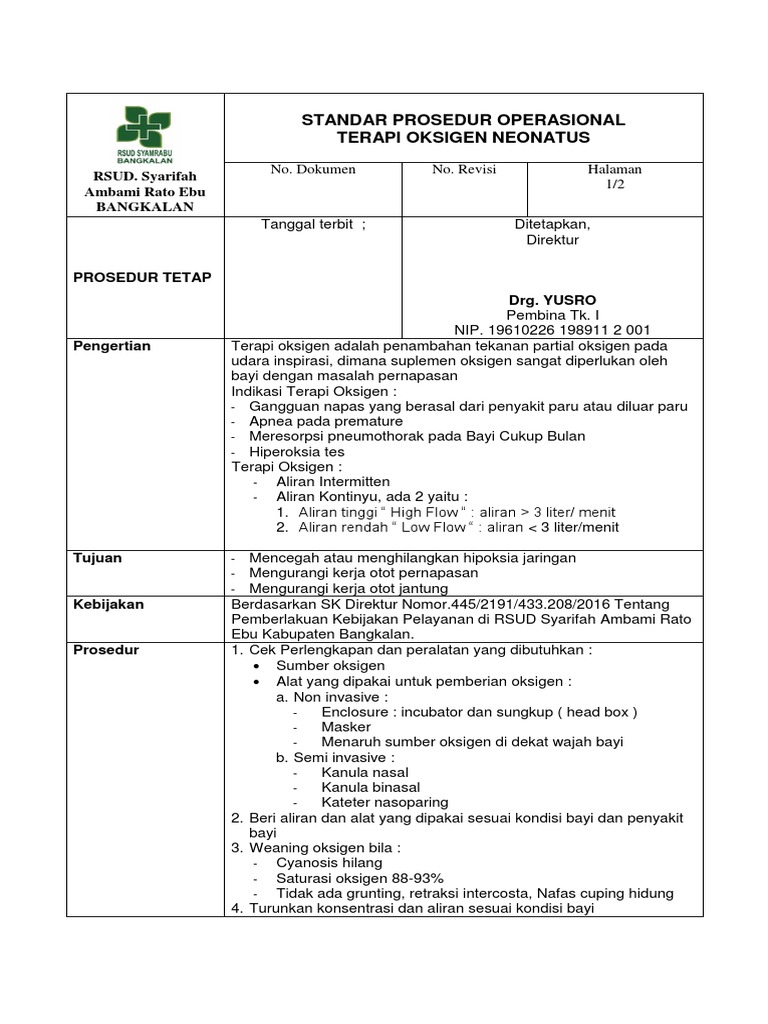 Sop Terapi Oksigen Neonatus | PDF
