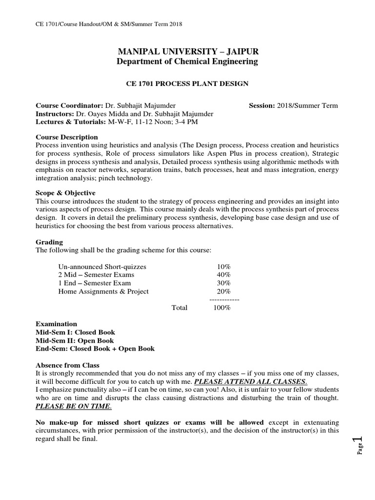 Course Handout For Process Plant Design | PDF | Chemical Reactor | Design