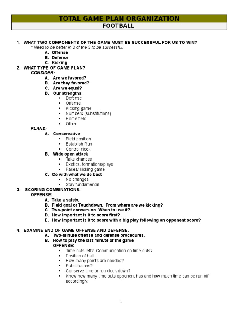Total Game Plan Organization: Football | PDF | American Football ...