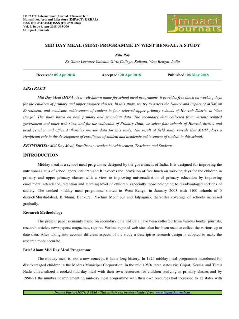 Format. Hum - Mid Day Meal - MDM - Programme in West Bengal A Study ...