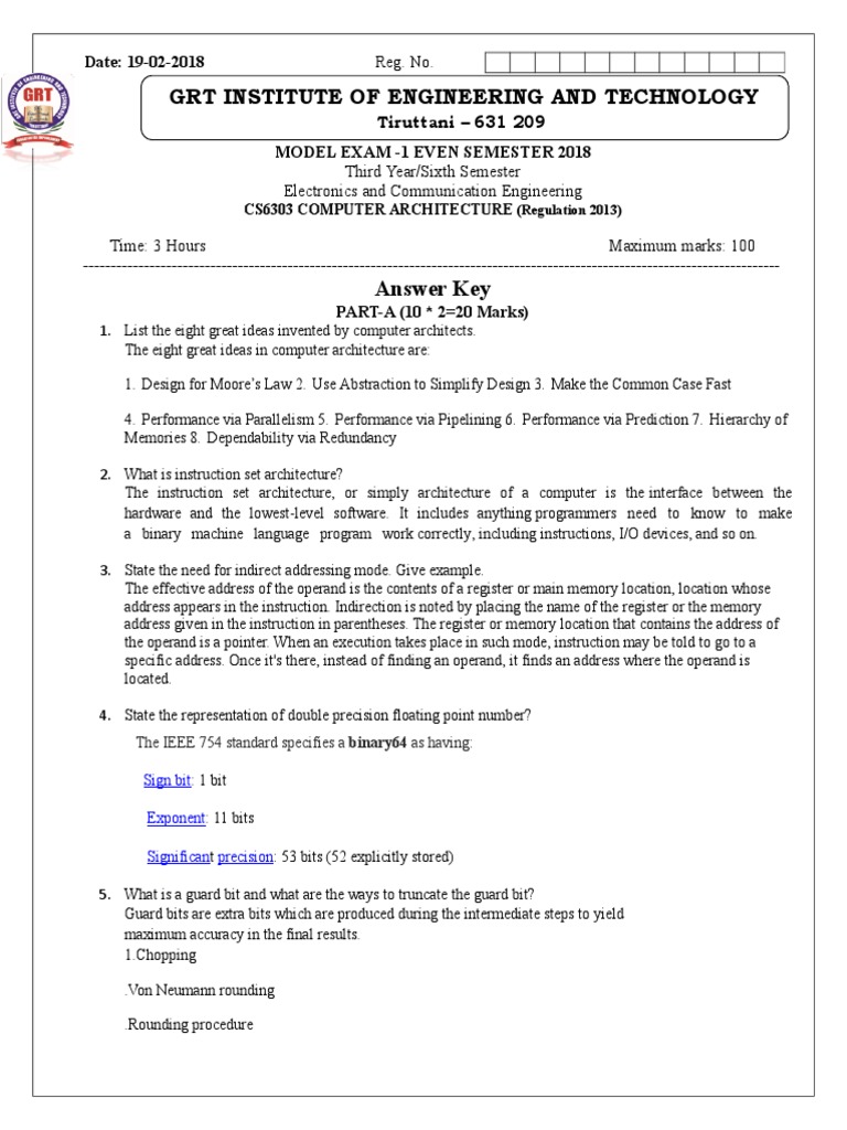 Model Exam - 1 Cs6303 CA - 19.02.18 Answer Key | PDF | Central Processing Unit | Office Equipment
