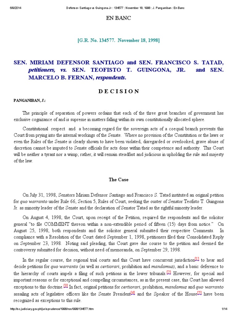 Defensor-Santiago Vs Guingona JR - 134577 - November 18, 1998 - J PDF ...