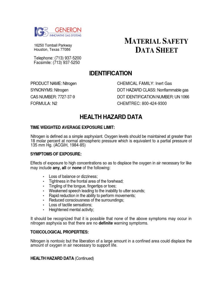 MSDS Nitrogen | PDF | Oxygen | Gases