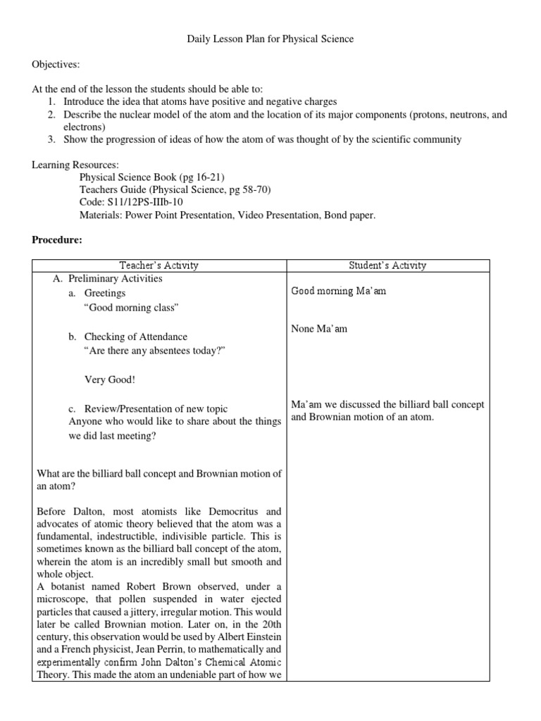 Daily Physical Science Lesson Plan | PDF | Atomic Nucleus | Atoms