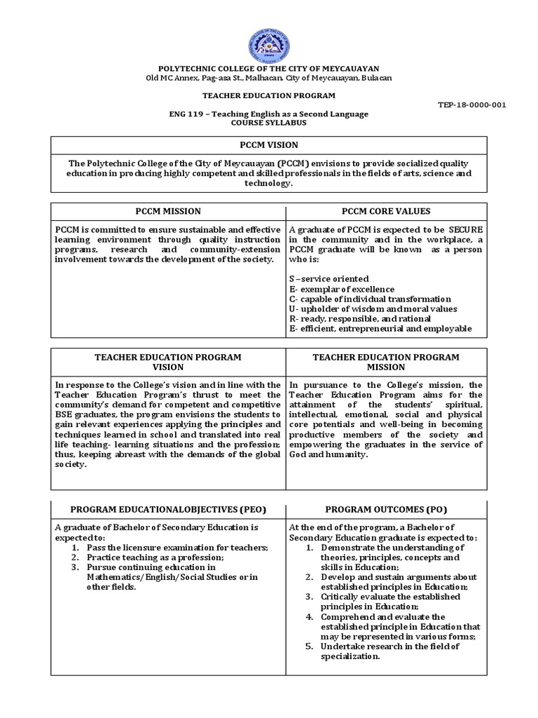 TESOL Syllabus ENG119 | PDF | Lecture | Teacher Education