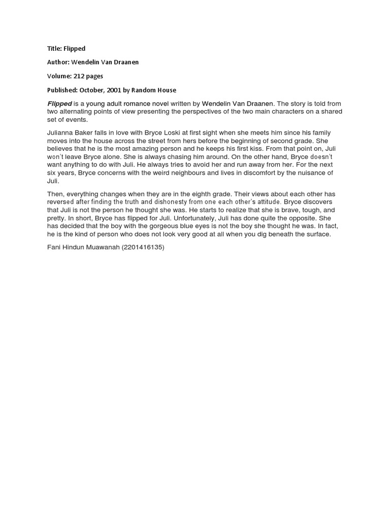 Title: Flipped Author: Wendelin Van Draanen Volume: 212 Pages Published ...