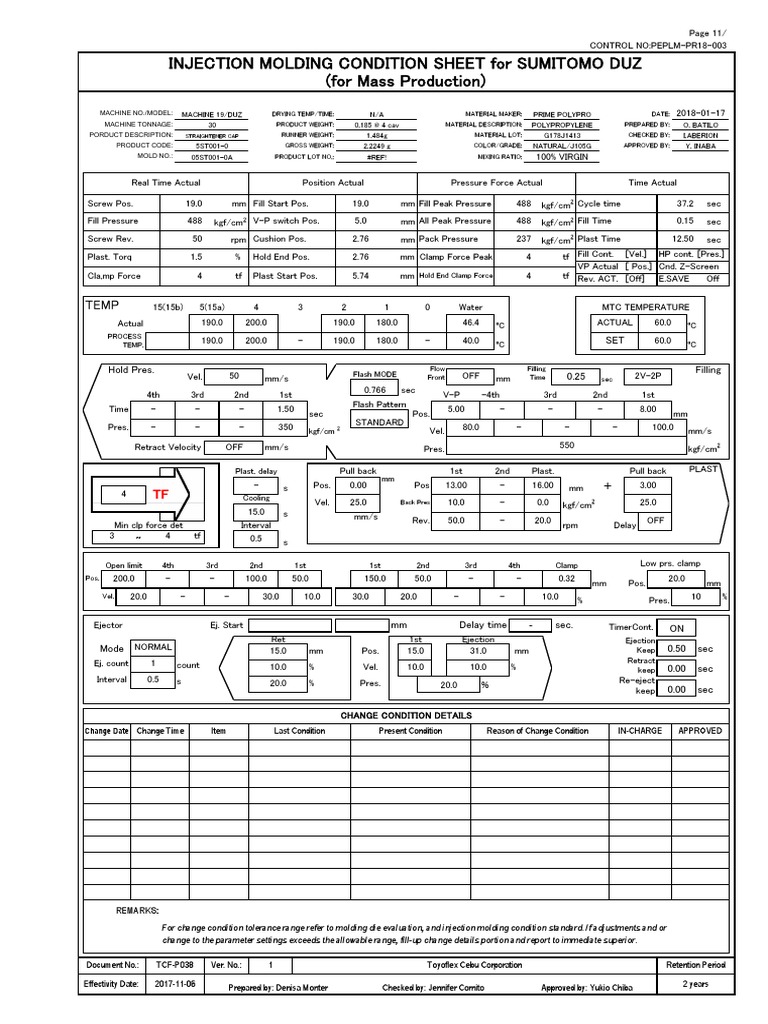 Injection Molding Condition Sheet For Sumitomo Duz (For Mass Production ...