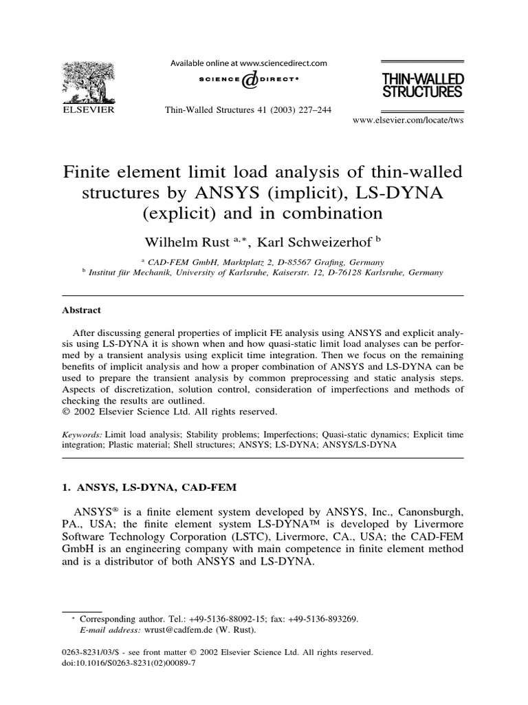 Finite Element Limit Load Analysis of Thin-Walled Structures by ANSYS (Implicit), LS-DYNA ...