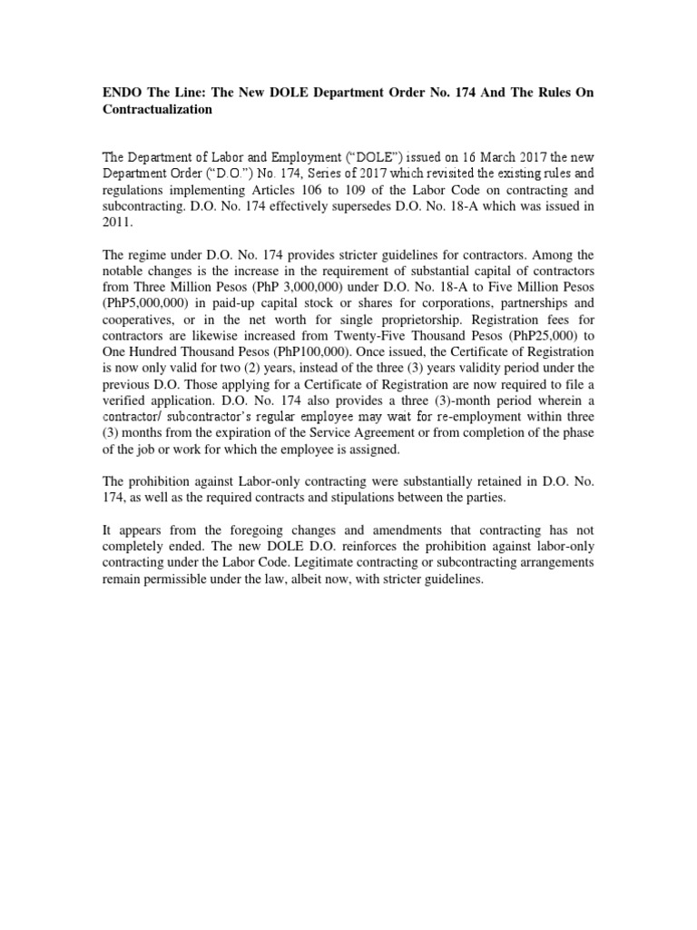 DOLE Order 174 Tightens Rules on Contractualization | PDF