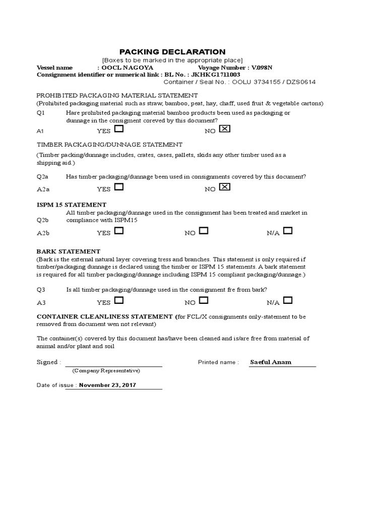 Packing Declaration and Export Documents for Polyurethane Foam Shipment ...