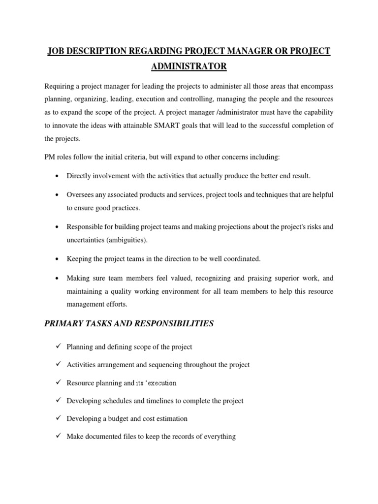 JD For Project Manager | PDF | Project Manager | Risk