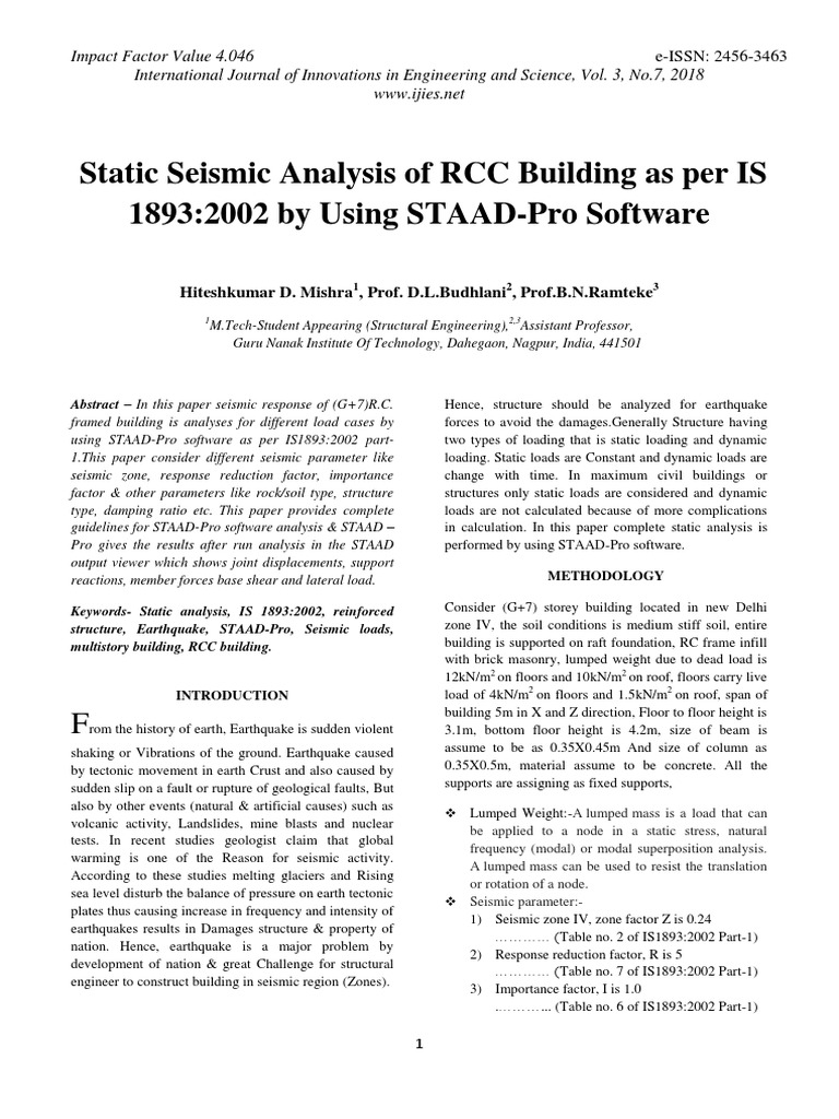 Static Seismic Analysis of RCC Building As Per Is 18932002 by Using STAAD-Pro Software | PDF ...
